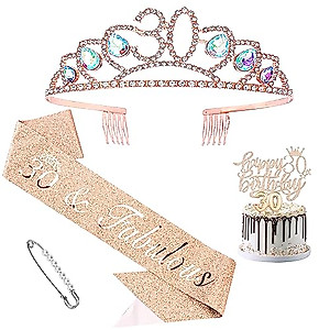 Jaciya 30 Birthday Decorations for Women Rose Gold Birthday Crown 30 & Fabulous Sash and Pearl Pin Happy 30 Birthday Cake Topper 30 Year Old Birthday Gifts for Women Party Favor Supplies