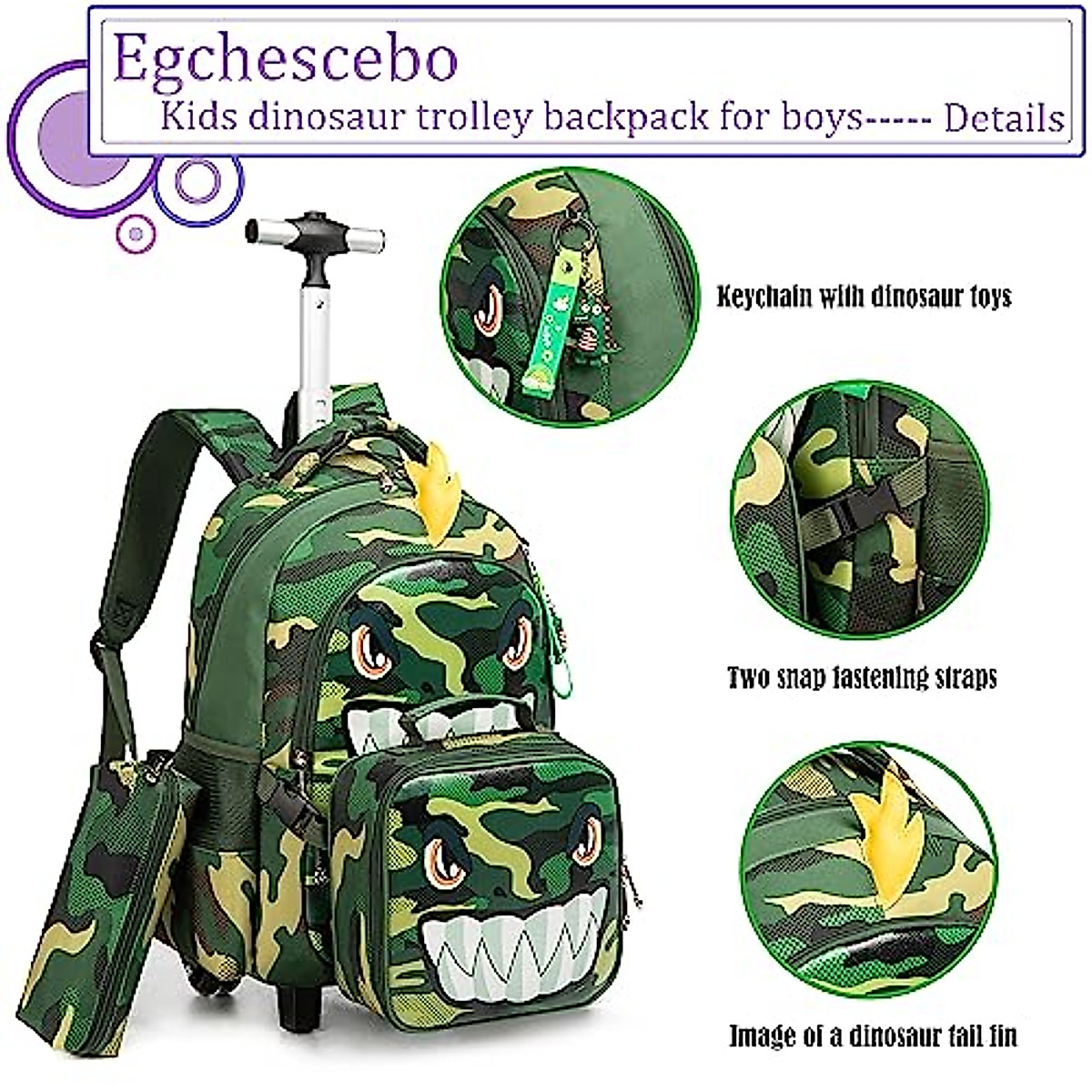 Egchescebo Kids Shark Rolling Backpack for Boys Suitcases Trolley Backpacks with Wheels Roller Luggage Backpacks Wheels with Lunch Box Pencil Case for Elementary Boys Travel School Bag Green