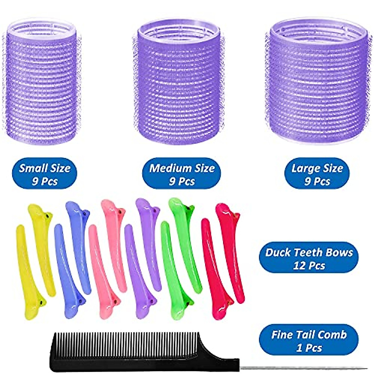 KHTD Hair Rollers Curlers for Long Hair,Large Self-Grip Hair Rollers Set including 27 Curlers, 12 Duckbill Clips, with Comb, Hairdressing Curling Tools(9 Jumbo+9 Large+9 Medium)