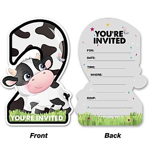 20 Cow 2nd Birthday Party Invitations with Envelopes Double Sided Farm Cow Shaped Fill-in Invitations Invites for 2 Year Old