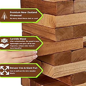 Pointyard 56PCS Giant Tumble Tower [Stack to 5FT+], Carbonized Pine Wooden Tumble Timber Game Set for Teens Adults Family - Classic Stacking Block Party Game with 1 Dice | Scoreboard | Carry Bag