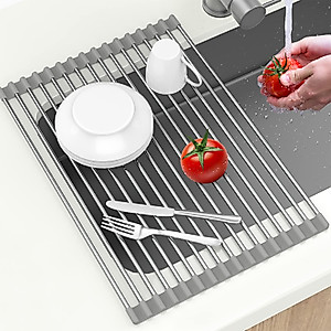 VMVN Dish Drying Rack,Over The Sink Dish Drying Rack,Dish Racks for Kitchen Counter,Roll Up Sink Drying Rack,17.5"x12.2"Stainless Steel Dish Drainers,Kitchen Sink Accessories