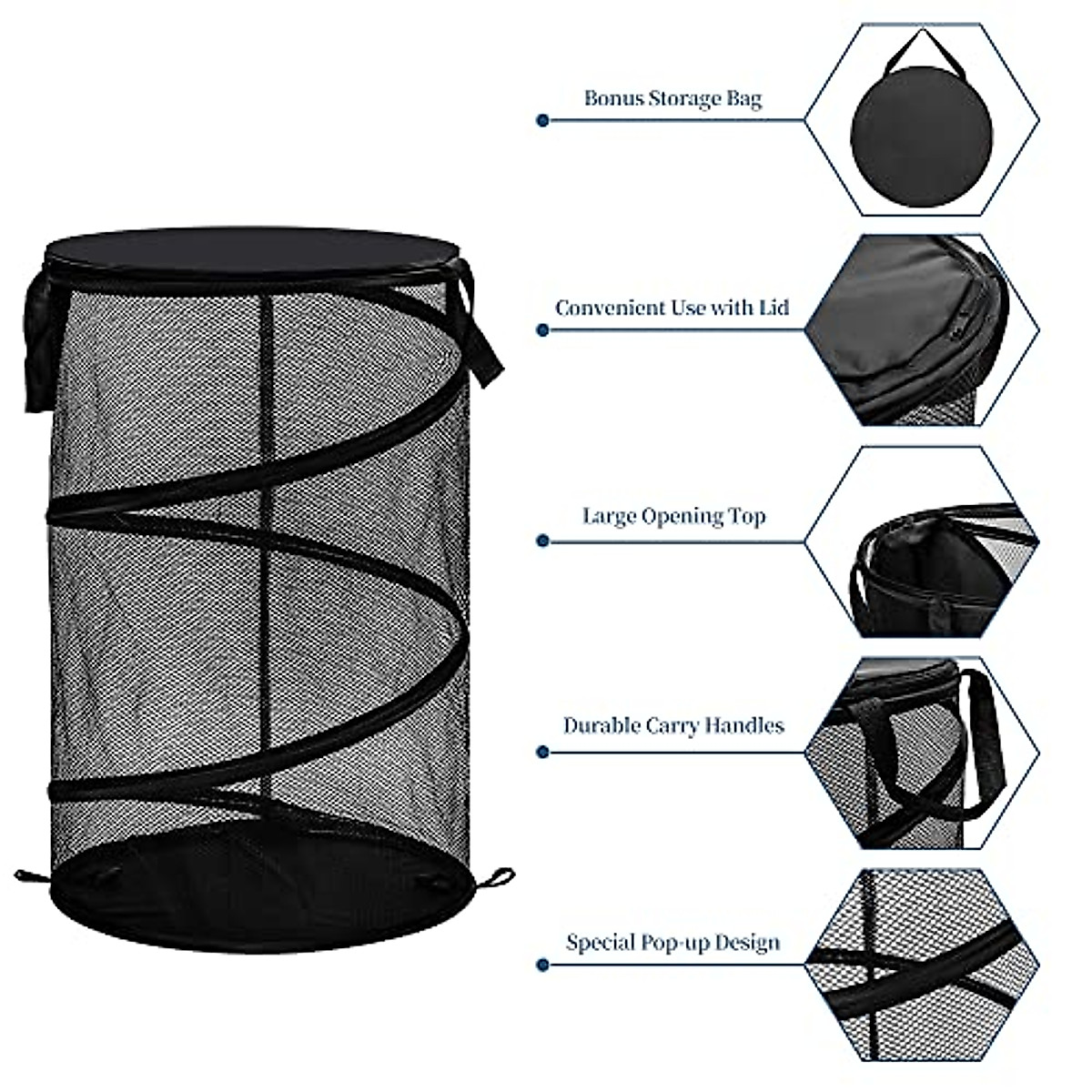 Mesh Collapsible Laundry Hamper with Lid, Large Clothing Storage Bucket with Handles,Dirty Clothes Storage Basket for The Kids Room, College Dorm or Travel (1PCS, Black)