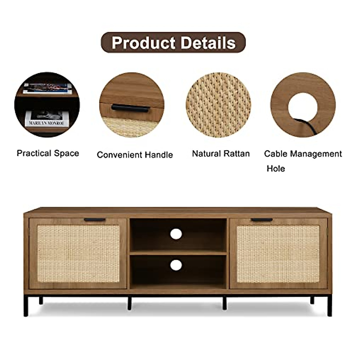 Anmytek Farmhouse Rattan TV Stand for 65 Inch TV Rustic TV Console Table with 2 Rattan Doors Modern Entertainment Center for Living Room Bedroom H0033