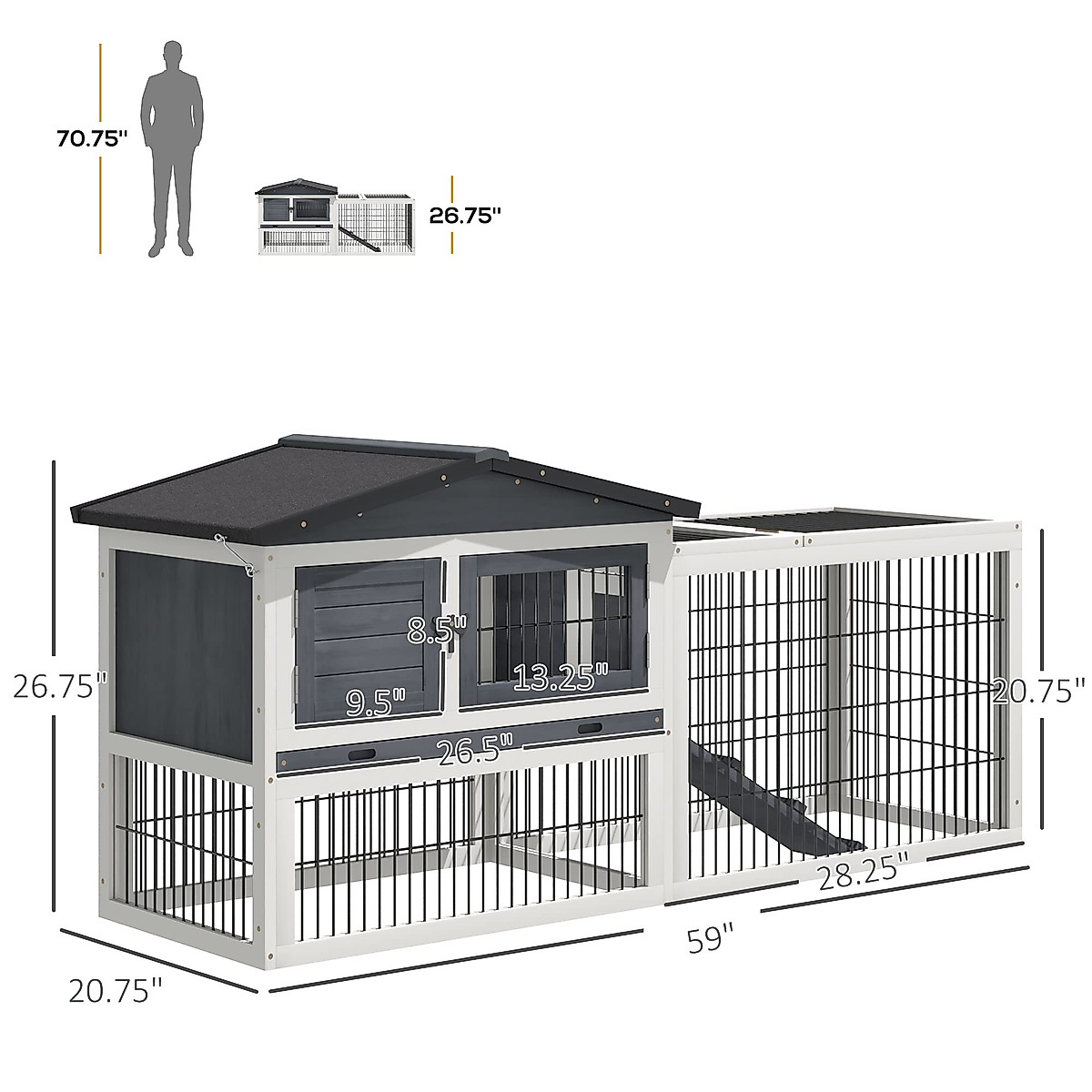 PawHut Rabbit Hutch, 2 Story Outdoor Bunny Cage with Slide-Out Tray, Run Cage, Openable Top for Rabbits, Guinea Pig, Dark Gray