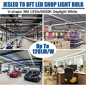 JESLED T8/T10/T12 8FT LED Tube Light, Single Pin FA8 Base, 50W 6000LM 5000K Daylight White, 270 Degree V Shaped LED Fluorescent Bulb (130W Equiv.), ETL Listed, Clear Cover, Dual-Ended Power (12-Pack)