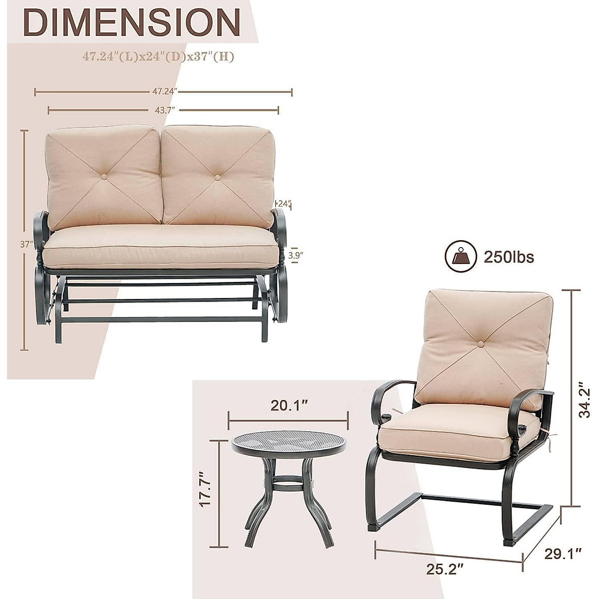 Oakmont 4 Pieces Metal Outdoor Furniture Patio Conversation Set, Glider Chairs Set with Round Side Table, Spring Lounge Chair Sets Metal Frame Wrought Iron Look (Brown)