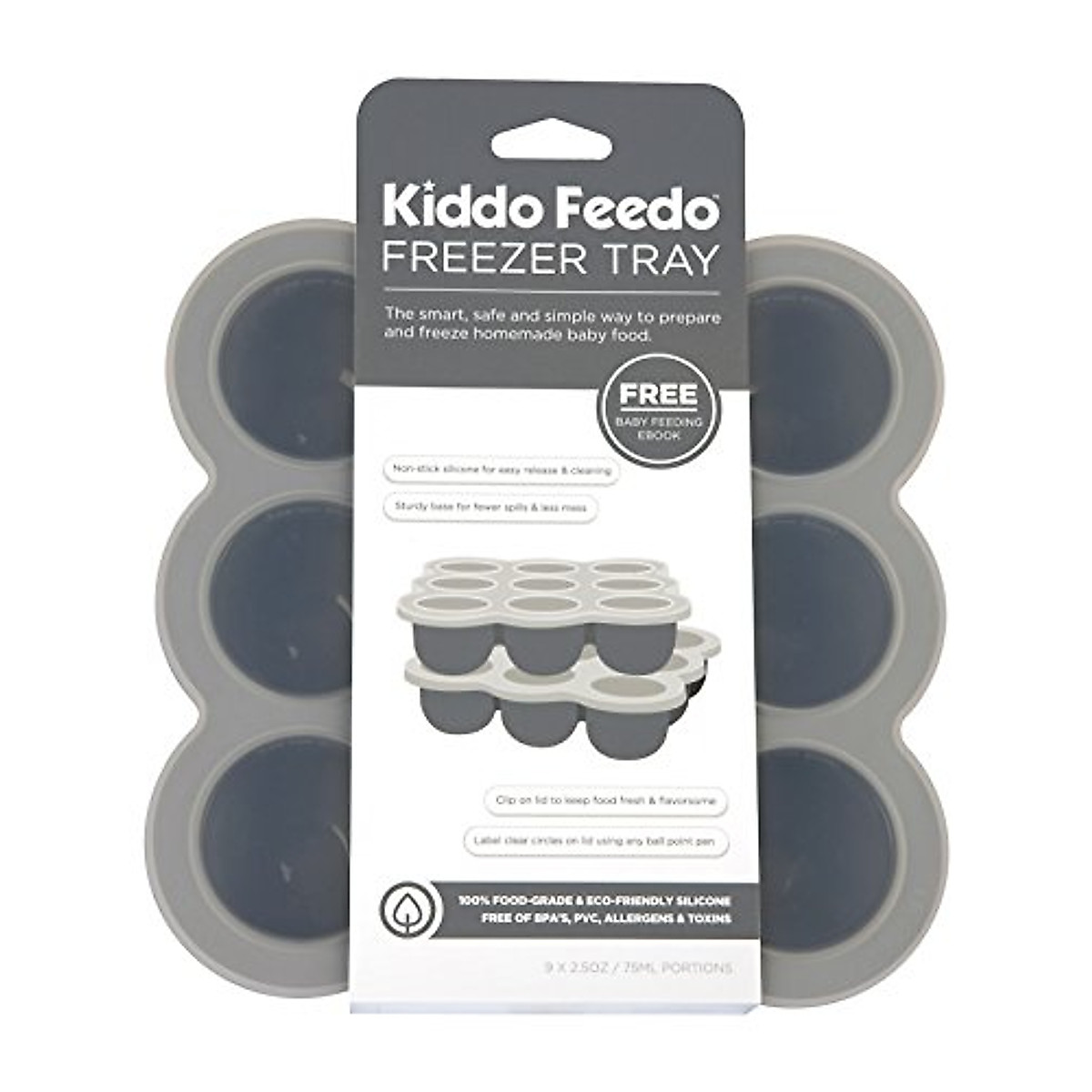 KIDDO FEEDO Multipurpose Tray for Freezing Baby Food, Herbs and Ice Cubes. Also Baking Mold for Egg Bites, Muffins and Frittatas - Free E-book by Author/Dietitian - Gray