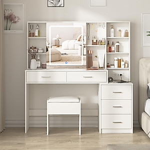 Fameill Vanity Desk with Mirror and Lights, White Vanity Table with 3 Color Lighting, Makeup Vanity Desk with Charging Station, 5 Drawer Storage, 5 Hooks, Hidden and Open Shelves