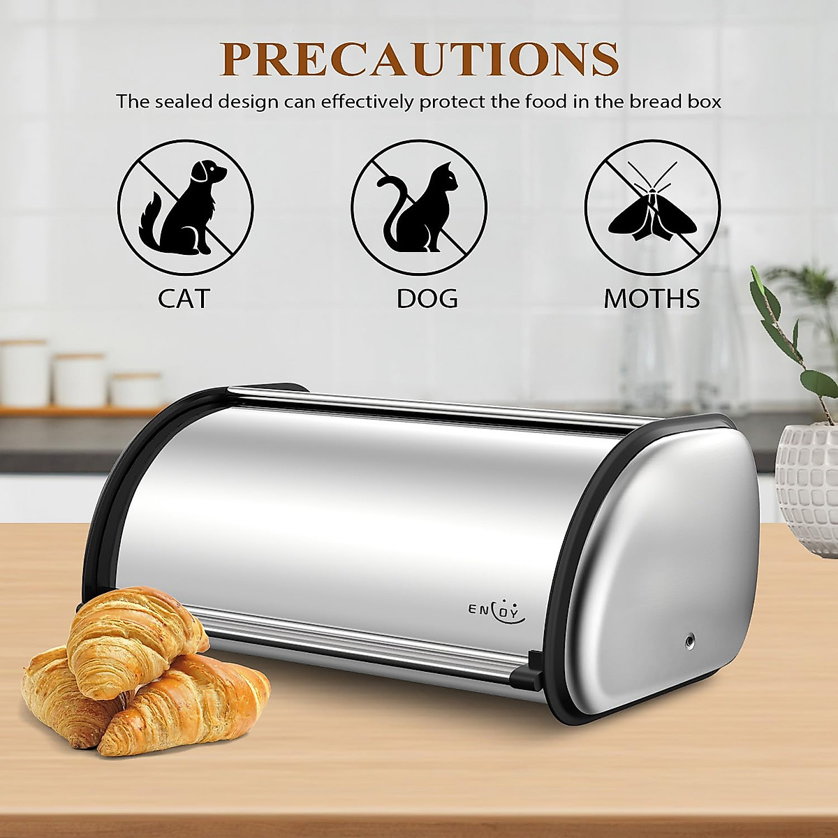 ENLOY Bread Box for Kitchen Counter, Stainless Steel Roll Top Bread Bin, Sliver Bread Storage Holder with Lid, Large Capacity Bread Keeper, 17 x 11 x 7 Inches