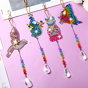 Queekay 4 Pieces Diamond Art Sun Catcher DIY Wind Chime Kit Hanging Double Sided Hummingbird Butterfly Cat Peacock Shape Crystal Number Ornament for Adults Kids Home Garden Decoration