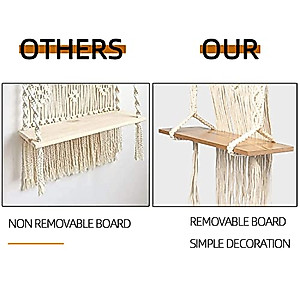 Macrame Wall Hanging Shelf， Boho Room Decor Handmade, Wooden Storage Floating Shelves for Small Plants and Photo Frames, for Living Room, Bedroom, Bathroom, 3Pcs…