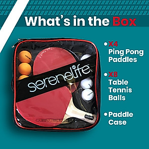 SereneLife Professional Ping Pong Paddle Set - Table Tennis Paddles and Balls Set w/ 4 Ping Pong Rackets, 8 Table Tennis Balls, Paddle Case - 2 or 4 Players Professional & Recreational Games - SLPPRAC
