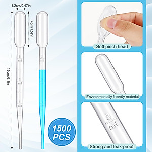 Kanayu 1500 Pieces 3ML Plastic Transfer Pipettes Plastic Eye Droppers Laboratory Pipettes Dropper Disposable Pipettes Calibrated Dropper for Liquid Essential Oil Laboratory Science Experiment DIY Art
