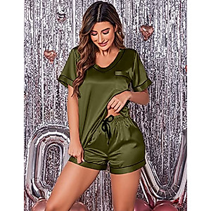 Ekouaer Women Satin Sleepwear Slip 2 Piece Pajamas Silk Pjs Short Sleeve Top and Loose Shorts Outfits Set Army Green XL