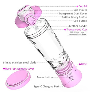 Portable Blender, Personal Size Blender for Shakes and Smoothies with 6 Blades Mini Blender 20 Oz Mini Mixer USB Rechargeable for Kitchen/Gym/Travel/Office