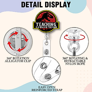 QYUVK Retractable Teaching is A Walk in The Park Badge Reel with Alligator Clip, Funny Red Glitter Dinosaur Badge Holder Gift for Teachers School Counselor Coworker Friends