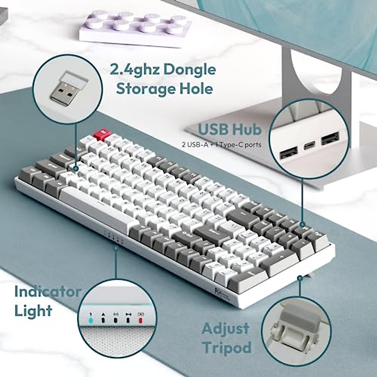 RK ROYAL KLUDGE RK100 Wireless Mechanical Keyboard RGB Backlit Bluetooth5.1/2.4G/Wired 96% Full Size 100-Key Hot-swap Gaming Keyboard with 3 USB Ports Brown Switch for Mac Windows Classic