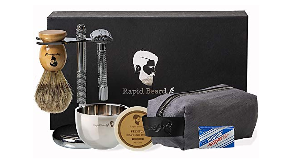 Rapid Beard Wet Shaving Kit for Men - Safety Razor & Brush