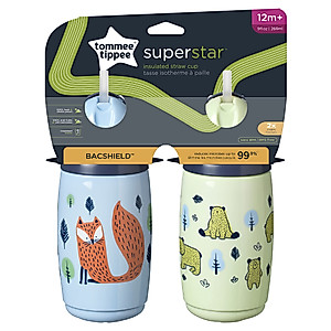 Tommee Tippee Superstar Straw Insulated Sippy Cup for Toddlers, INTELLIVALVE Leak-Proof & Shake-Proof (9oz, 12+ Months, 2 Count), Blue and Green