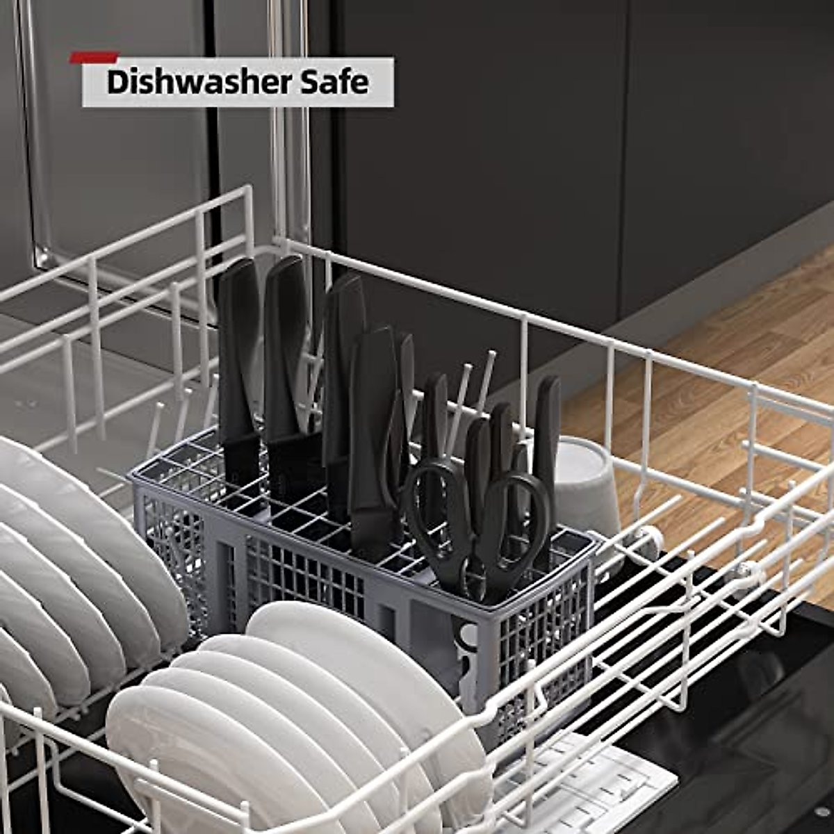 Stllab Knife Set with Cutting Board, 15 Pcs Kitchen Knife Set with Built-in Sharpener Block, Knife Set with 6 Steak Knives, Black