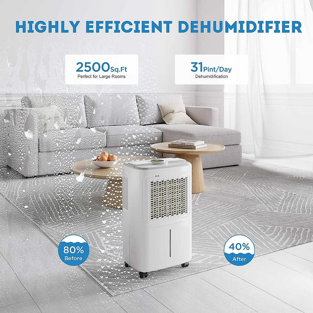 Dehumidifier for Basement 2500 Sq.Ft, 31 Pints Dehumidifiers for Home Large Room with Drain Hose for Bathroom, 2L Water Tank, Dry Clothes Mode, Intelligent Humidity Control with Timer Auto Shut Off