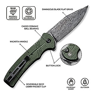CIVIVI Odium Damascus Blade Bundled Button Lock Cogent, Great EDC Knife Companion