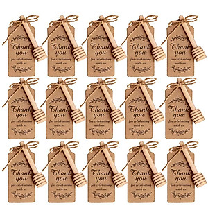 Amajoy 50PCS Small Wood Honey Dipper Sticks with Thank You Escort Card and Twine Server for Honey Jar Dispense Drizzle Honey Wedding Party Favor Baby Shower