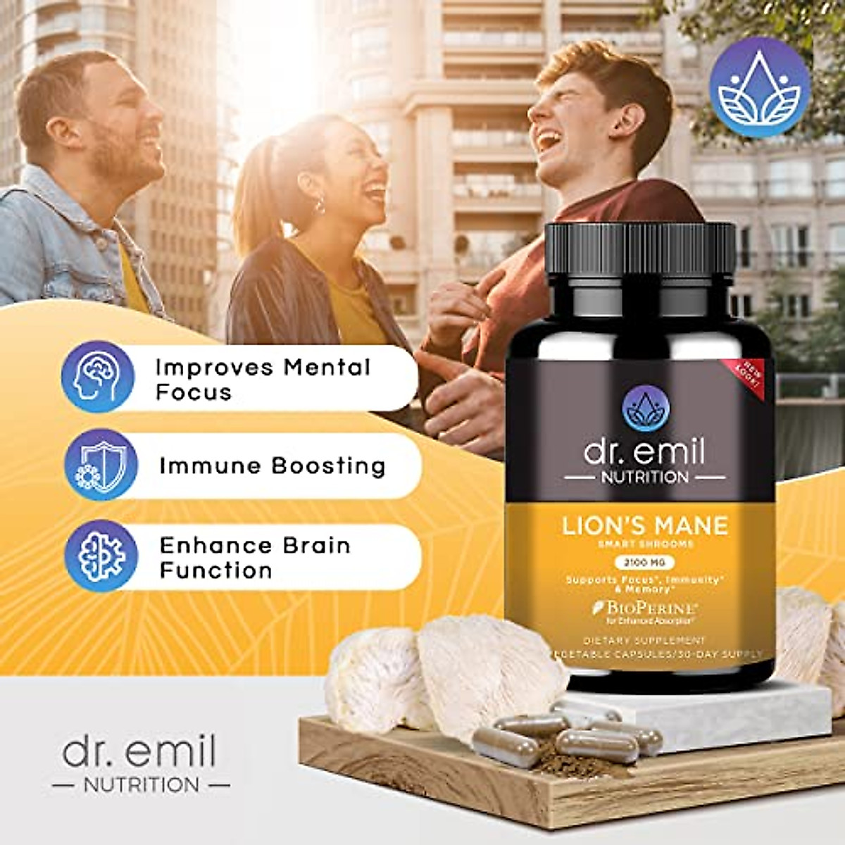 Organic Lions Mane Mushroom Supplement for Mental Clarity, Focus & Immune Support - Organic Brain Boosting Nootropic Lions Mane Mushroom Capsules with 100% Organic Lions Mane Extract