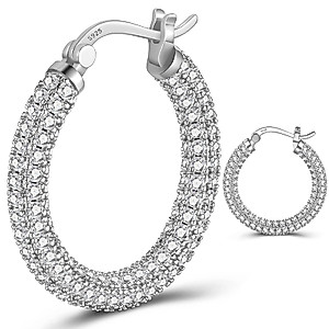 925 Sterling Silver Post Hoop Earrings for Women Gilrs White Cubic Zirconia Chunky Sterling Silver Hoop Earrings weinuo Jewelry