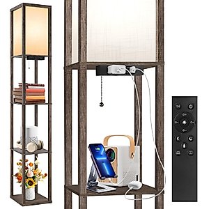 OUTON Floor Lamp with Shelves, Dimmable Shelf Floor Lamp with 1 USB & 1 Type C Ports, 1 Power Outlet, Modern Standing Lamp with 4 Color Temperature for Living Room, Bedroom, Dark Grey