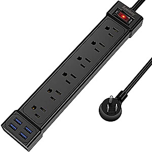 Power Strip with 4 USB Ports, SUPERDANNY 6 Outlets Surge Protector, 4 Ft Extension Cord Flat Plug, 900Joules, Wall Mount Outlet Extender for Home/Office/Dorm Essentials, Black