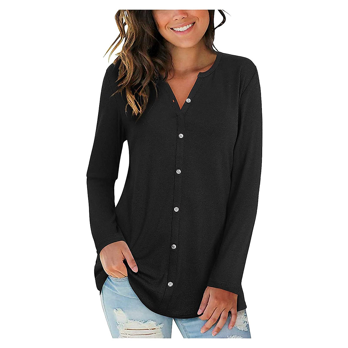 Aniywn Women's Button Down Henley Shirt Casual Solid Color Long Sleeve t Shirt Ladies Plain Tops Blouse for Work Office Black