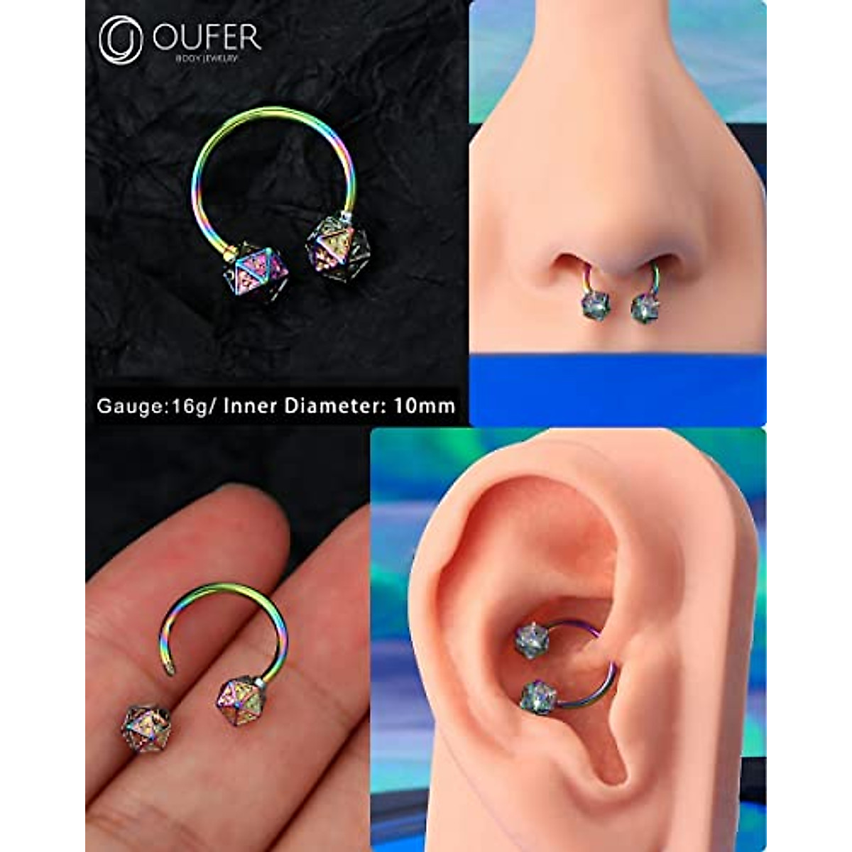 OUFER 16G Septum Rings, 316L Surgical Steel Septum Piercing Jewelry, Icosahedron Dice Cartilage Earrings, Helix Daith Conch Piercing Jewelry for Women and Men