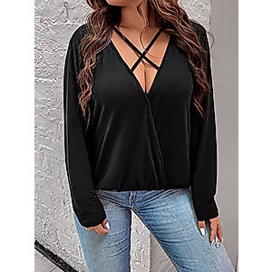 WDIRARA Women's Plus Size Criss Cross Wrap Deep V Neck Long Sleeve Tee T Shirt Black 3XL
