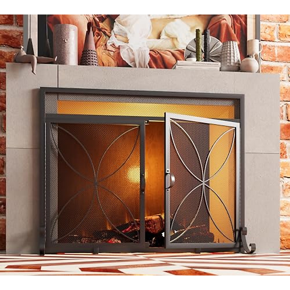 Fire Beauty Fireplace Screen with Magnetic Doors,Large Metal Fire Place Screen for Home,Spark Guard,Metal Furnace Fireguards,Baby Safe Spark Guard Protector,Black