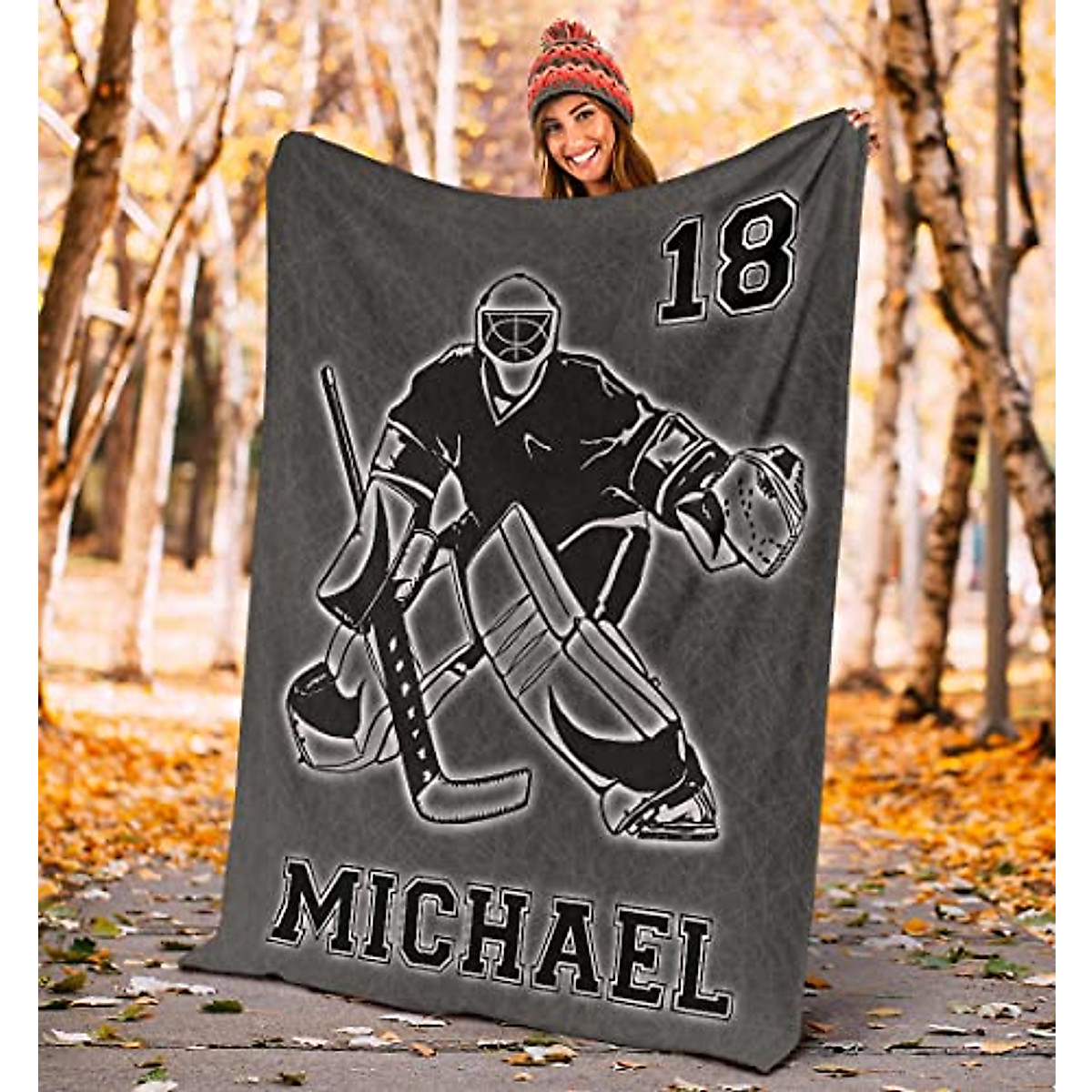 OhaPrints Custom Dark Grey Hockey Blanket Hockey Boy Player Personalized Name Number Soft Sherpa Throw Blankets Cozy Fuzzy Fleece Throws for Tv Sofa Couch Comfy Fluffy Blanket 30X40 50X60 60X80