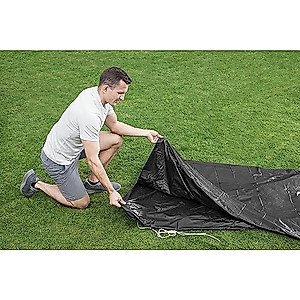 Bestway Flowclear PVC Round 12 Foot Pool Cover for Above Ground Frame Pools with Drain Holes and Secure Tie-Down Ropes, Black (Cover Only)