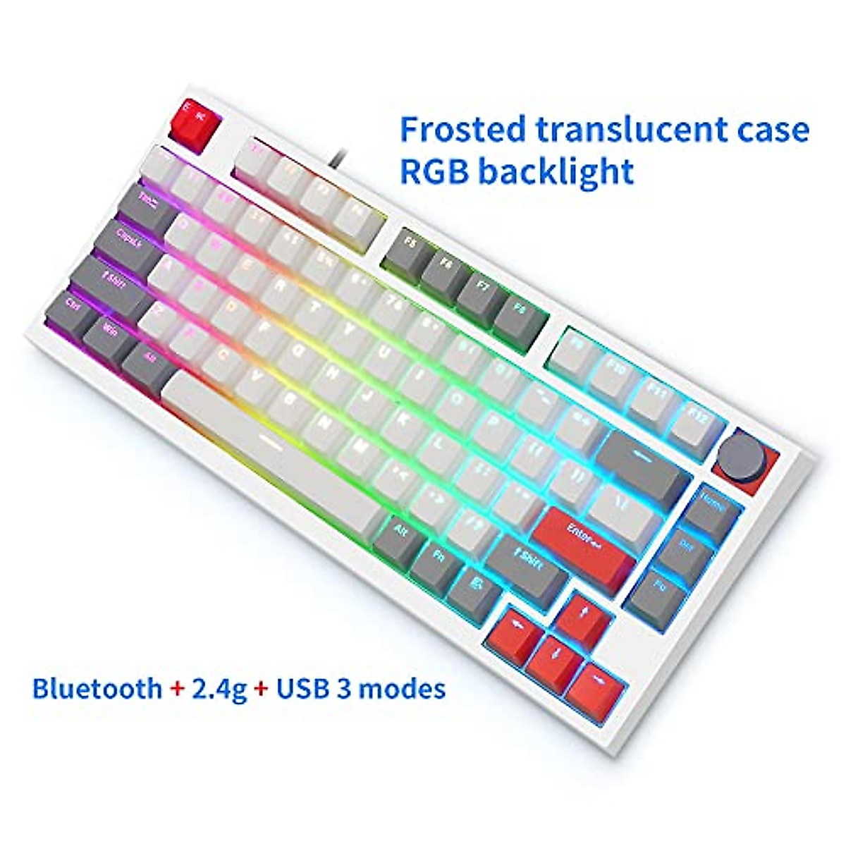BOYI GK75 Tri-Mode 75% Keyboard with Knob Hot Swappable RGB Gaming Keyboard,2.4Ghz/Bluetooth 5.0/Wired Keyboard 80 Keys Programmable Mechanical Keyboard(Skyloong Red Switch,Cool-Red Theme)