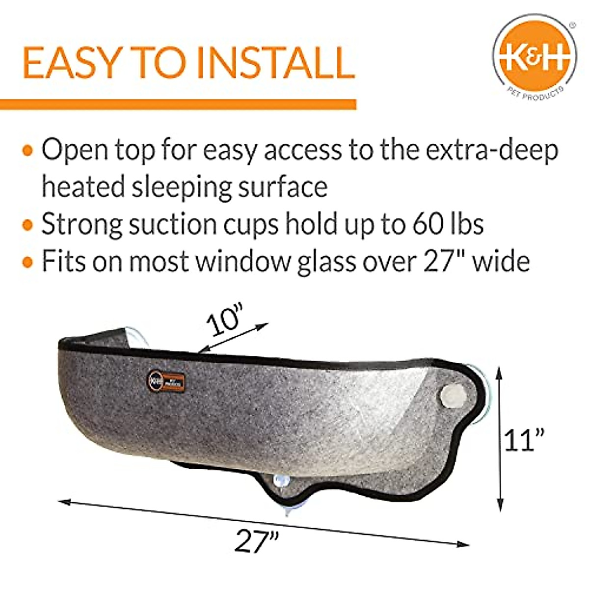 K&H PET PRODUCTS EZ Mount Thermo-Kitty Sill Heated Window Cat Bed, Heated Cat Hammock for Large Cats Extra-Deep Cat Perch Gray 27" X 10" X 11"