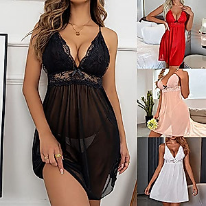 Sexy Lingerie for Women 3 Piece Set Women Babydoll Nightgown Chemises Lace Modal Sleepwear V-Neck Full Slip Sleep Dress Lingerie for Women Nightgown A-Black