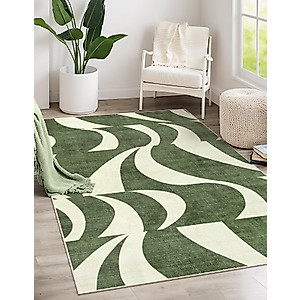 Lahome Abstract 5x7 Rug,Low-Pile Soft Green Rugs for Living Room,Retro Swirl Indoor Floor Carpet Washable for Dining Room Office Bedroom Entryway Non-Slip (5x7ft,Sage Green)