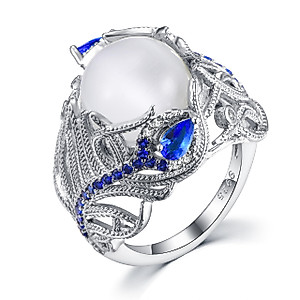 Unique 925 Sterling Silver Floral Ring Moonstone Treasure Blue Sapphire Diamond Jewelry Luxury Exaggerated Engagement Cocktail Party Wedding Band Rings for Women Size 6 - 10 (Blue sapphire,7)