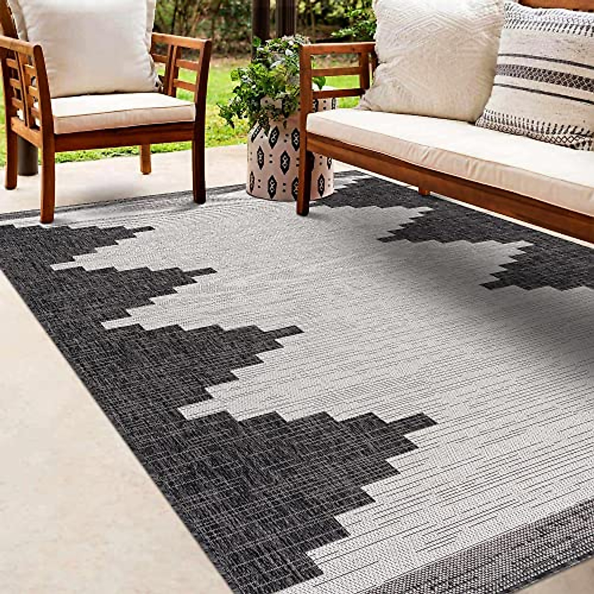 Hauteloom Djugun Outdoor Area Rug - Outside Porch Patio Rug Carpet - Waterproof Rug - Geometric - Black, Gray, Off White, White - 7'10" x 10'2"