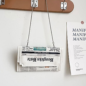 Van Caro Women Novelty Newspaper Evening Handbag,Fashion Envelope Clutch Crossbody Shoulder Purse,PU Leather Letters Chain Purse,White