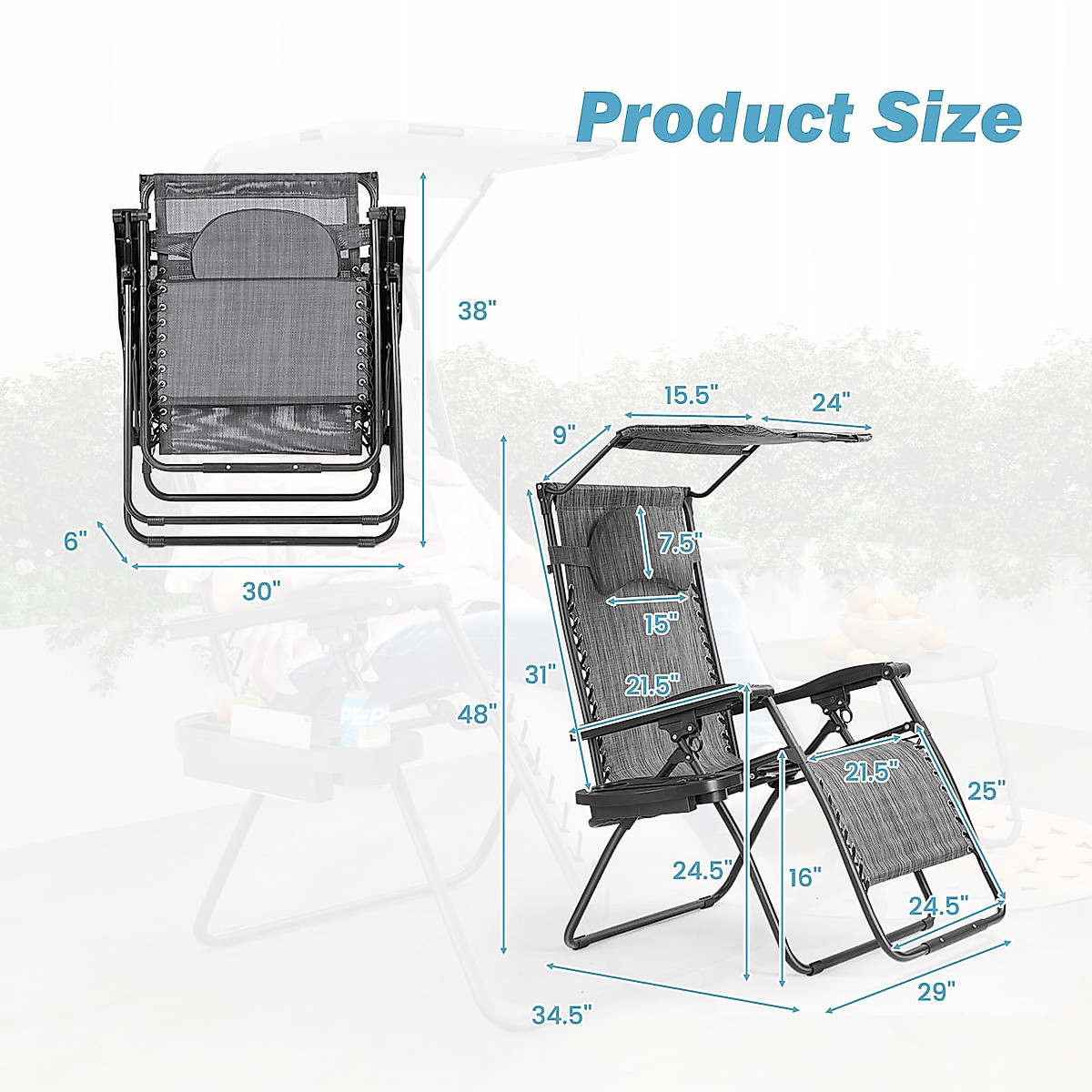 Goplus Zero Gravity Chairs, X-Large Folding Lounge Lawn Chair w/Canopy Shade & Cup Holder, Adjustable Folding Patio Recliner for Pool Porch Deck Oversize (Grey)