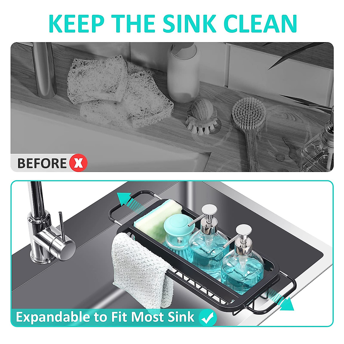 TOOLF Expandable Sink Caddy, Sink Drying Rack with Dish Towel Bar, Over The Sink Adjustable Sink Organizer for Kitchen, Rustproof Sponge Holder Organizer