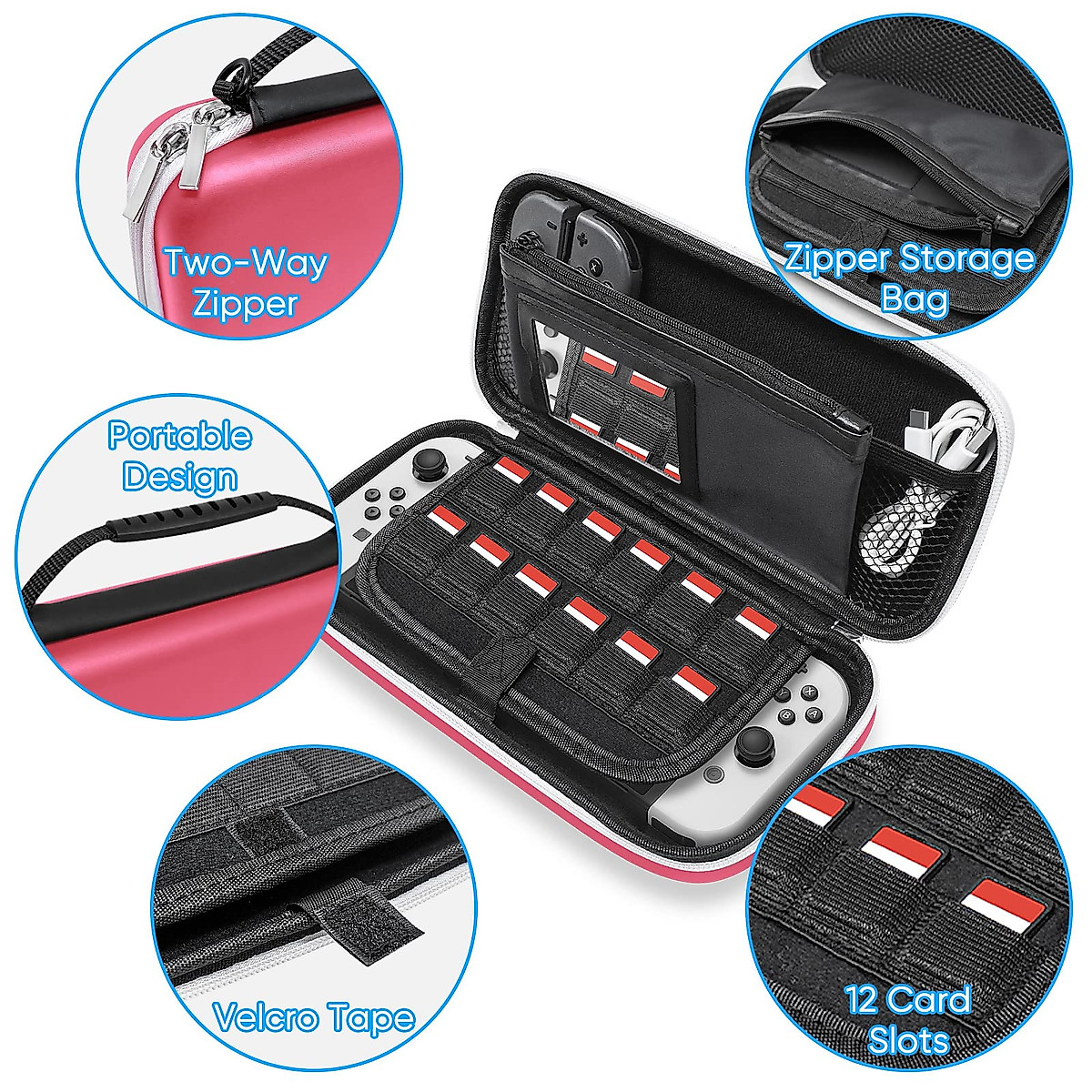 Accessories Bundle for Nintendo Switch OLED Model, MENEEA Carrying Case & Screen Protector, Clear Cover Protector, Grips & Charger Dock for Joycons, Steering Wheels, Console Stand & Game Card Case