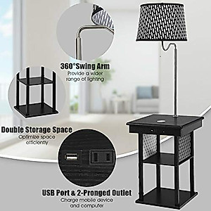 Costzon Floor Lamp, Swing Arm Lamp w/Wireless Charger, Side Table, 2 USB Ports, Open Shelves & Shade, Modern Bedside Nightstand Lighting for Living Room, Bedroom, Guest Room, End Table Lamp (Black)