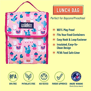 Wildkin 12 Inch Backpack Bundle with Insulated Lunch Bag (Llamas and Cactus Pink)